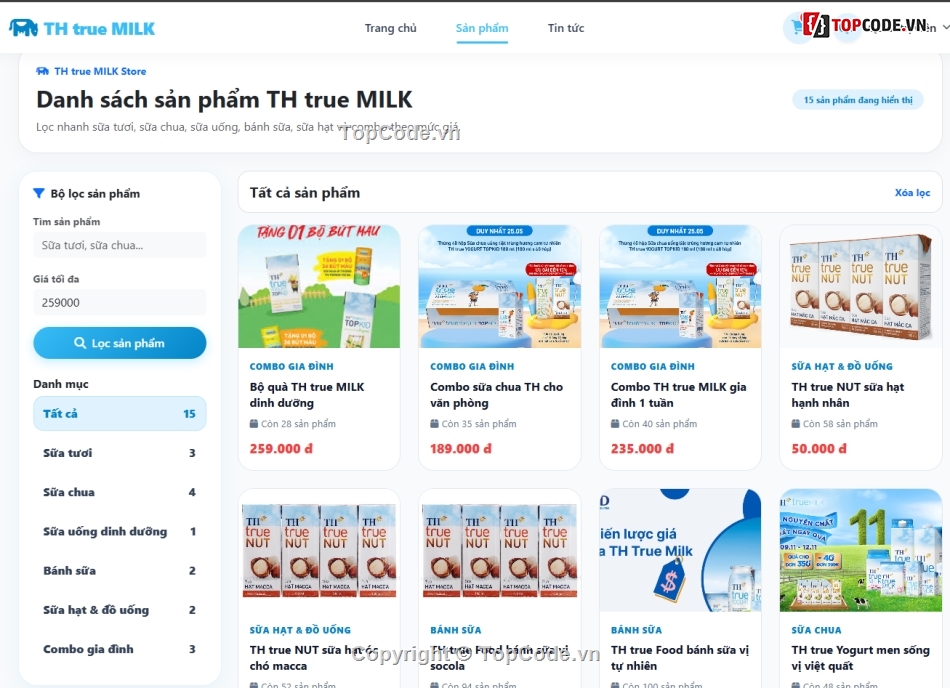 Website bán sản phẩm TH true MILK
